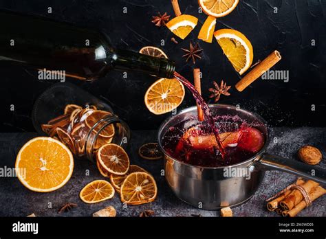 Falling Mulled Wine Ingredients Citrus Fruits Cinnamon And Star Anise