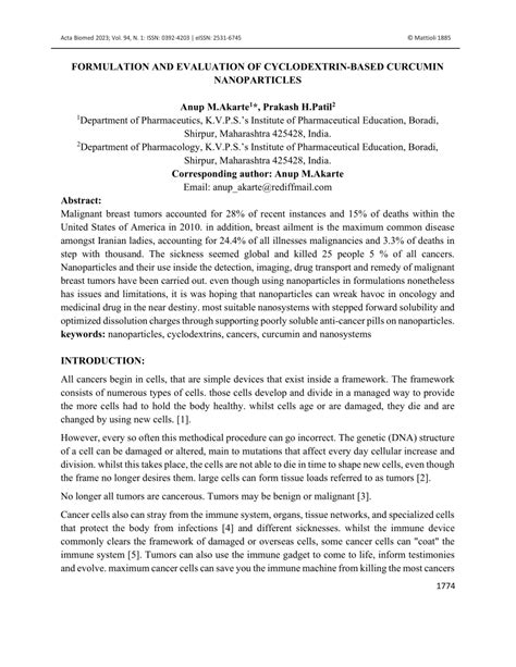 Pdf Formulation And Evaluation Of Cyclodextrin Based Curcumin