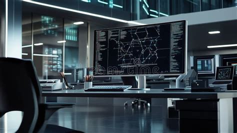 A Modern Office Workspace Featuring A Sleek Computer Setup With Coding