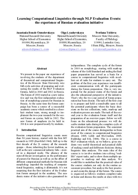 Pdf Learning Computational Linguistics Through Nlp Evaluation Events The Experience Of