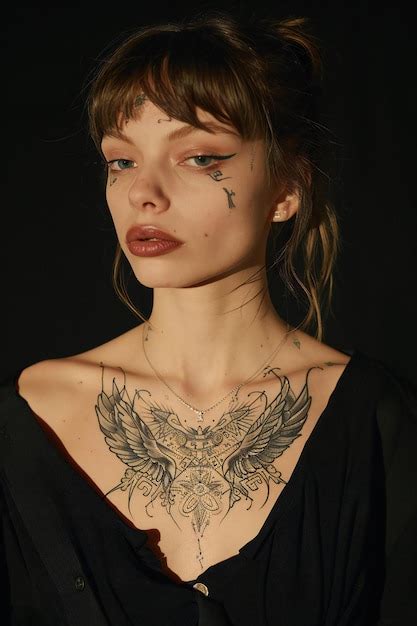 Girl With Large Delicate Tribal Tattoos Posing Chest Tattoo Natural