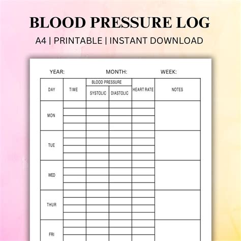 Blood Pressure Log Printable Heart Rate Tracker Chart Medical Blood