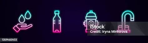비누 물 병 소화전 및 물 수돗물로 손을 씻는 줄을 설정합니다 빛나는 네온 아이콘 벡터 거리에 대한 스톡 벡터 아트 및 기타 이미지 Istock
