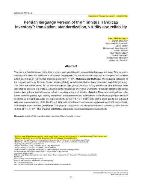 Pdf Persian Language Version Of The Tinnitus Handicap Inventory Translation