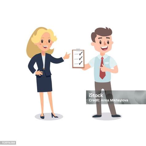 남자와 여자는 프로젝트를 제시 만화 캐릭터와 벡터 일러스트입니다 팀 건물입니다 리더십입니다 관리입니다 성공적인 팀입니다 감독에
