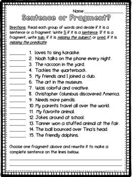 Complete And Incomplete Sentences By Just So Elementary TpT