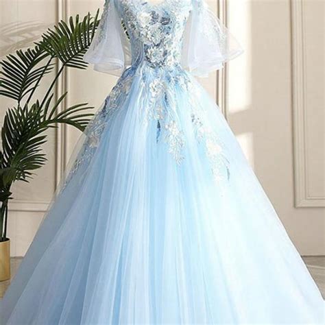 Floor Length Blue Evening Party Dress School V Neck Lace Flowers Lace