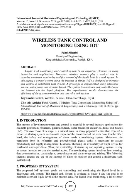 Pdf Wireless Tank Control And Monitoring Using Iot