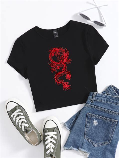SHEIN Coolane Camiseta con estampado de dragón chino Moda de Mujer SHEIN México