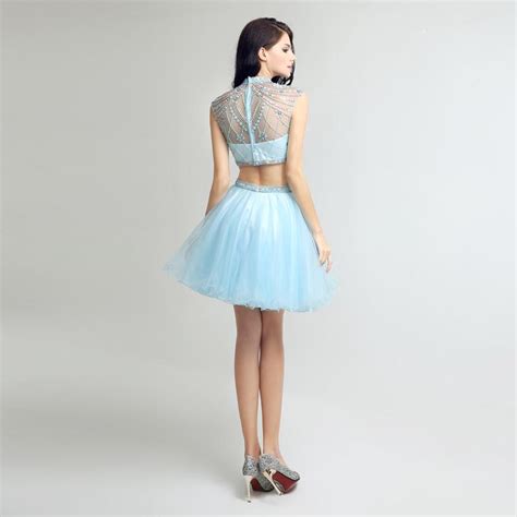 Sexy Sky Blue 2 Piece High Neck Tulle Knee Length Prom Dress