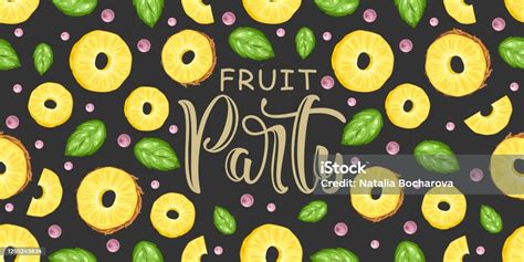 신선한 파인애플 열대 잎 꽃 슬라이스 및 기하학배너 손 서예 과일 파티 라벨 배너 광고 요소 벡터 그림입니다 직물 종이 엽서 초대장 인쇄 0명에 대한 스톡 벡터 아트 및