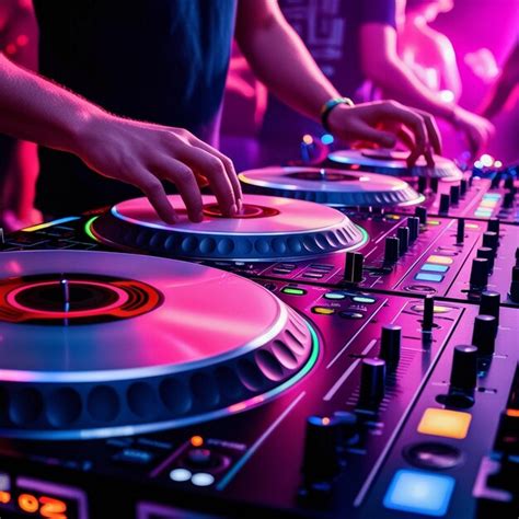 Closeup Of Dj Controller With Turntables And Neon Lights Premium Ai