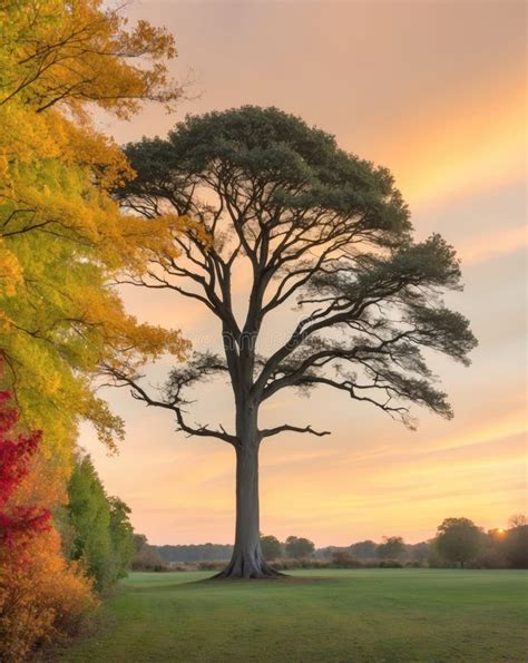 Single Tree Split Between Two Seasons With Sunset Stock Photo Image Of Forest Tear 341563602