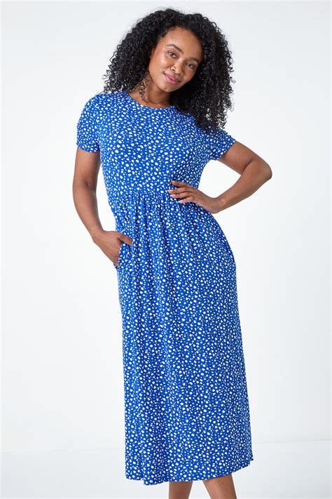 Royal Blue Petite Spot Print Stretch Midi Dress Roman UK