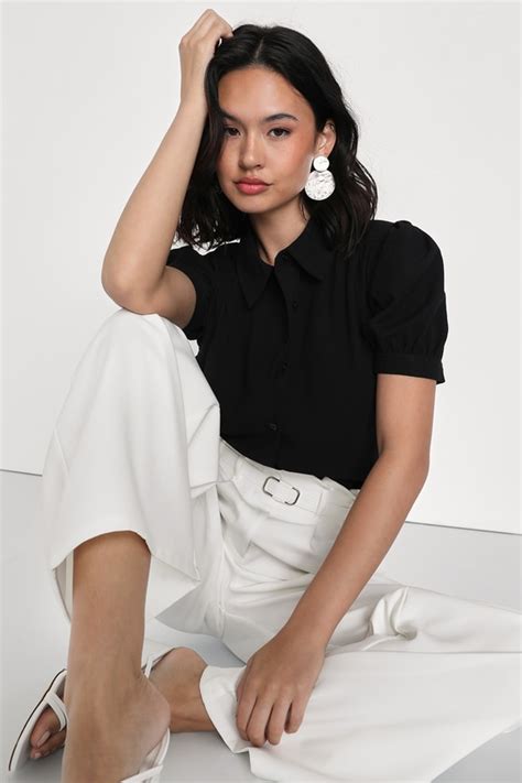 Black Collared Top Puff Sleeve Top Cute Button Up Top Lulus