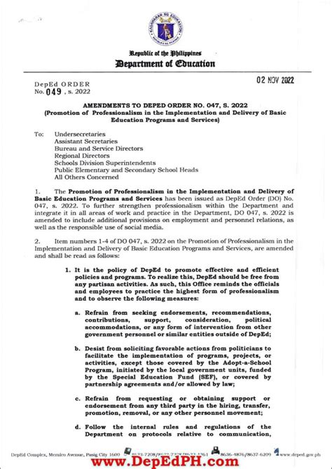 Deped Order 49 Series Of 2022 Promotion Of Professionalism In
