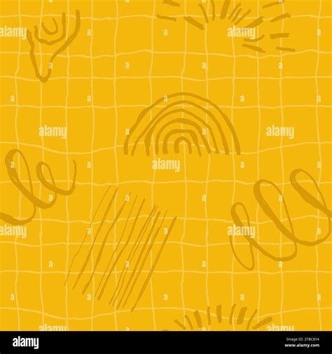 Naive Seamless Squiggle Pattern With Yellow Checkered Lines And Freehand Doodles Creative