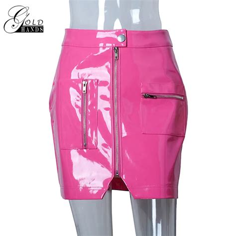 Women Faux Leather Pencil Skirts Pink Button Front Zipper Mini High