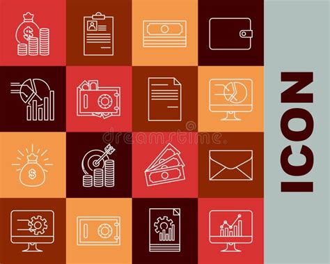 Set Line Computer Monitor With Graph Chart Envelope Stacks Paper