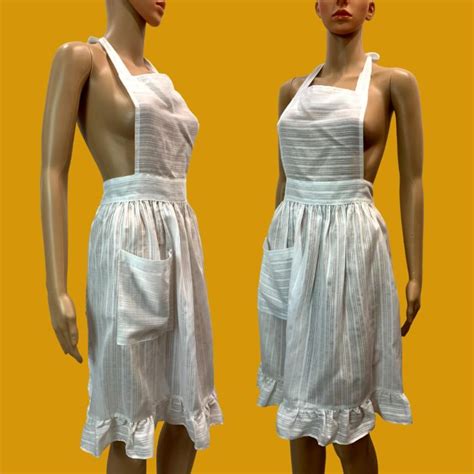 70s Cottagecore White Full Bib Apron With Ruffle Trim Fashion