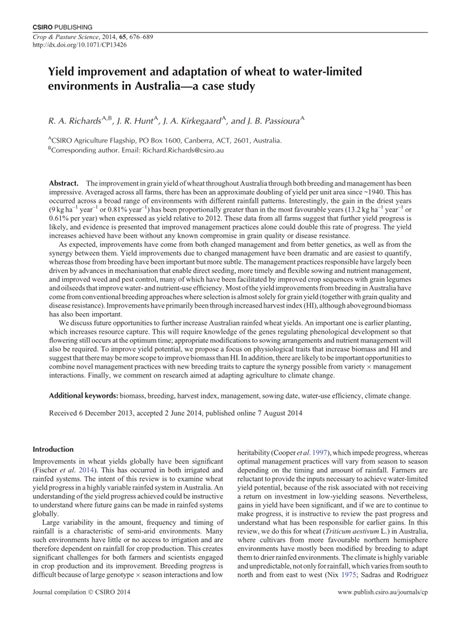 Pdf Yield Improvement And Adaptation Of Wheat To Water Limited Environments In Australia A