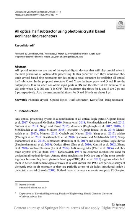 All Optical Half Subtractor Using Photonic Crystal Based Nonlinear Ring Resonators Request Pdf