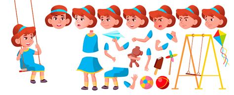 여 자가 유치원 아이 벡터입니다 애니메이션 만들기 세트입니다 감정 제스처를 얼굴 감정적인 문자를 재생입니다 어린이 놀이터 대 한 배너 전단지 웹 디자인 애니메이션 격리 된