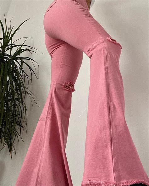 Sonicelife New Women Denim Flared Pants High Waisted Button Holes Ripp