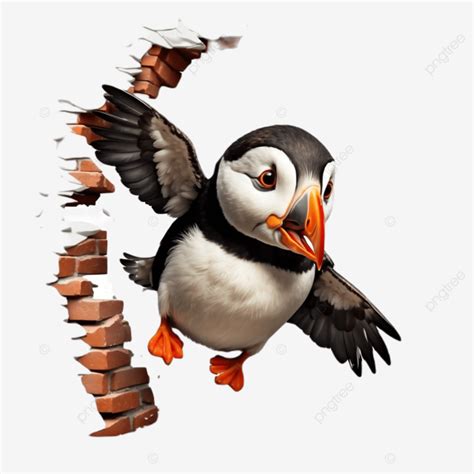 퍼핀 깨는 벽돌 벽 3d 렌더링 흰색 배경에 고립 퍼핀이 벽돌 벽을 깨고 있다 고립 된 3d 렌더링 흰색 배경에 Png 일러스트 및 이미지 에 대한 무료 다운로드