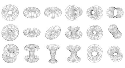 추상적인 이상한 와이어프레임 3d 모양 토러스 블랙홀 파이프 깔때기 왜곡된 그리드 3d 메쉬 80년대 사이버펑크 스타일의 다양한 벡터 그래픽 디자인 요소 집합입니다 원환체에