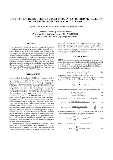 Pdf Optimization Techniques For Cosine Modulated Filter Banks Based On The Frequency Response