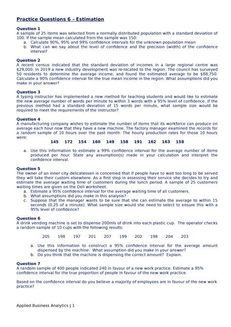 T6 Estimation Practice Questions 6 Estimation Question 1 A Sample Of 25 Items Was Selected