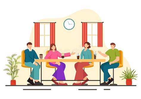 Double Date Vector Illustration With Two Couples Who Were Eating And