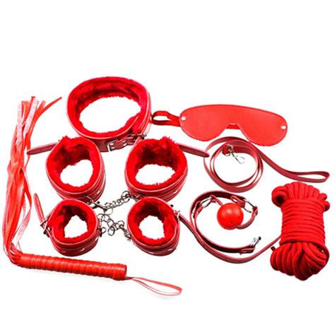 Red Kit Bondage Set Whip Ball Handcuffs Footcuffs Rope Neck Collar Mask Female Toys Marital Aid