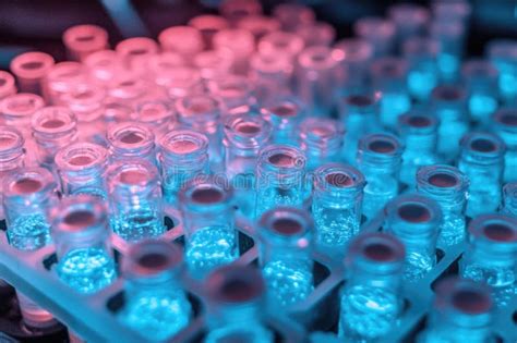 Iridescent Laboratory Glass Vials In Neon Blue And Pink Light Stock