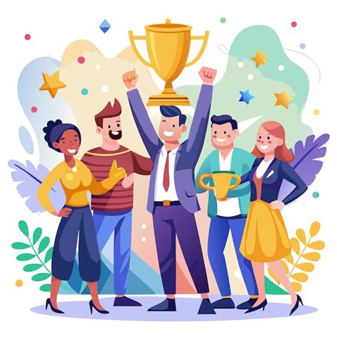 Team Celebrating Success Holding Golden Trophies Business Goals