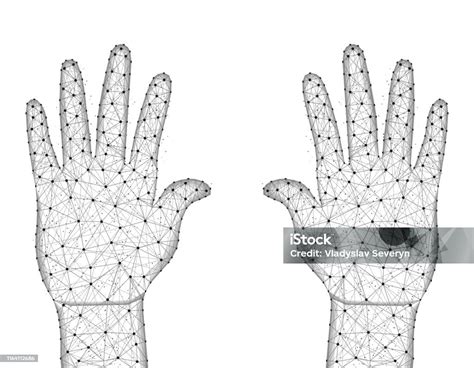 손바닥 낮은 폴리 디자인 다각형 스타일의 제스처 흰색 배경의 점과 선으로 만든 신체 부위 와이어 프레임 벡터 일러스트레이션 로우 폴리곤 모델링에 대한 스톡 벡터 아트 및