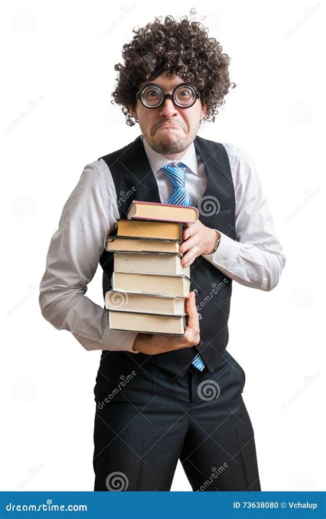 Crazy Nerd Professor With Books Isolated On White Background Stock