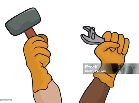 망치와 조정 가능한 렌치를 들고 작업 장갑을 끼고 손을 들었다 벡터 그림 2명에 대한 스톡 벡터 아트 및 기타 이미지 2명
