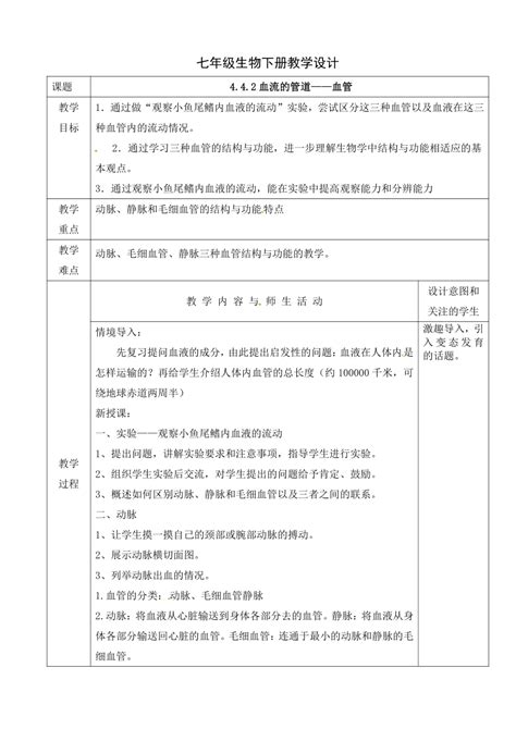 人教版七年级生物下册教学设计：442血流的管道——血管（表格式）21世纪教育网 二一教育