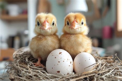 Two Fluffy Chicks Nestled Beside Their Eggs In A Cozy Nest Two Adorable