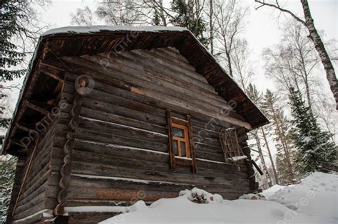 Antique Wooden Barn House In Winter Forest Retro Building Of The Early