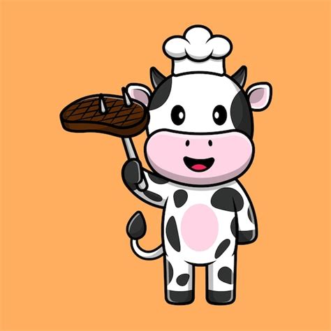 Chef lindo de la vaca con la ilustración de los iconos del vector de la