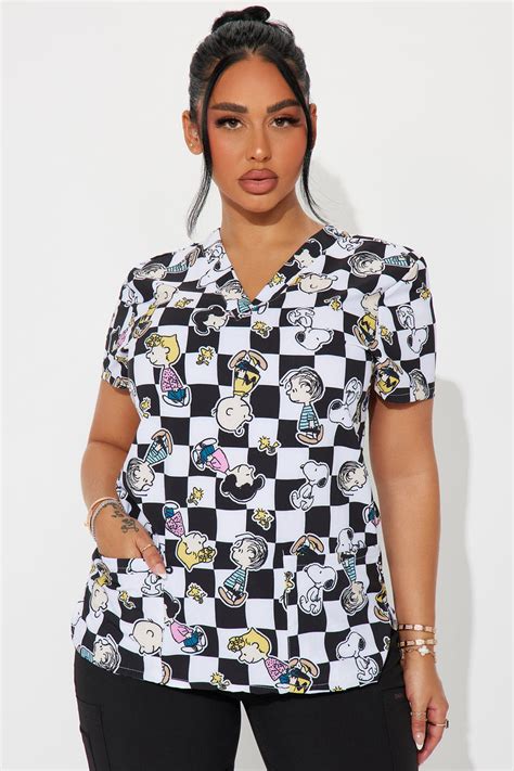Peanuts And Friends Uniform Scrub Top Blackwhite Fashion Nova