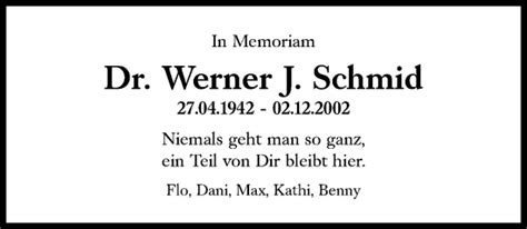 Traueranzeigen Von Werner J Schmid SZ Gedenken De