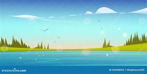 Lake Green Grass And Coniferous Trees Stock Vector Illustration Of