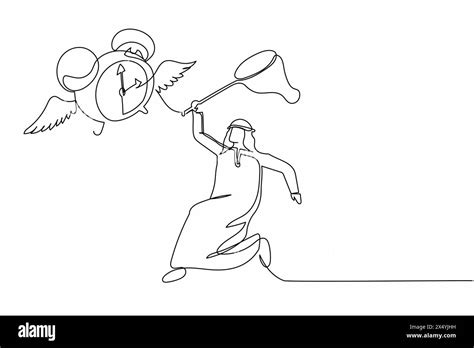 Single Continuous Line Drawing Arab Businessman Try To Catching Flying Alarm Clock With