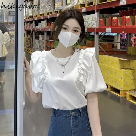 여성용 흰색 티셔츠 O 넥 퍼프 슬리브 패치워크 러플 패션 캐주얼 셔츠 루즈한 상의 2023 Ropa Mujer 여름