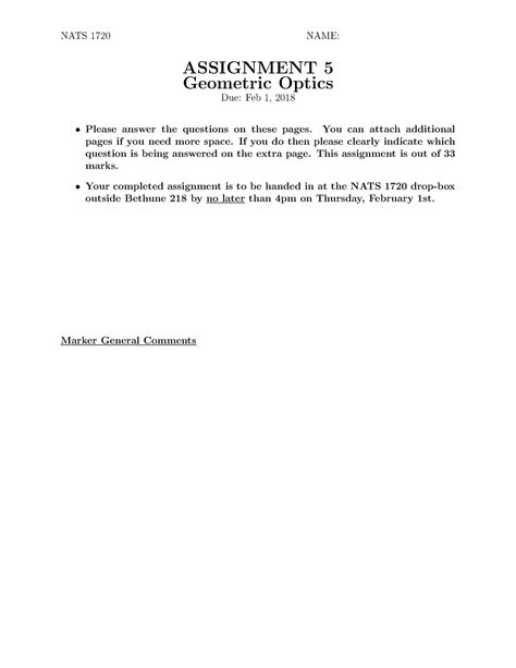 Assignment Number 5 Assignment 5 Geometric Optics Due Feb 1 2018