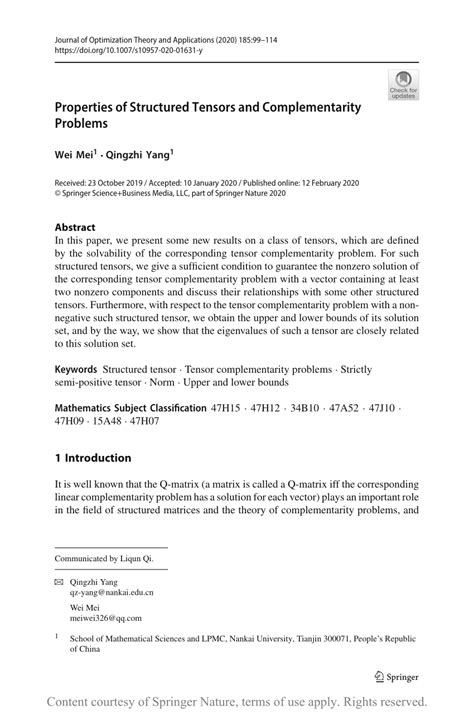 Properties Of Structured Tensors And Complementarity Problems Request Pdf